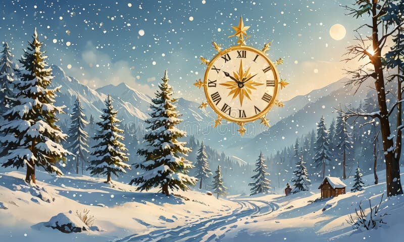 Snowy Scene with Clock and Forest Stock Illustration - Illustration of ...