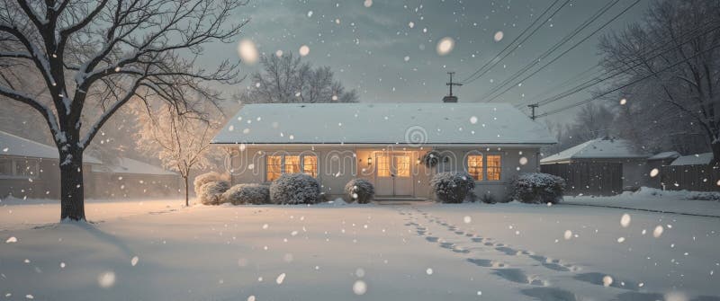 Snowy Scene of a House with a Tree and a Path in the Snow Stock Image ...