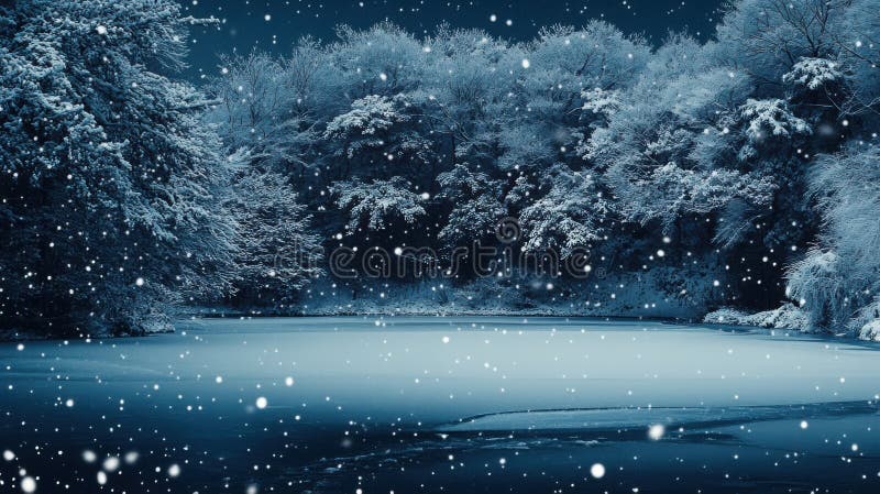 A Snowy Scene of a Pond with Trees and Snow Falling, AI Stock Photo ...