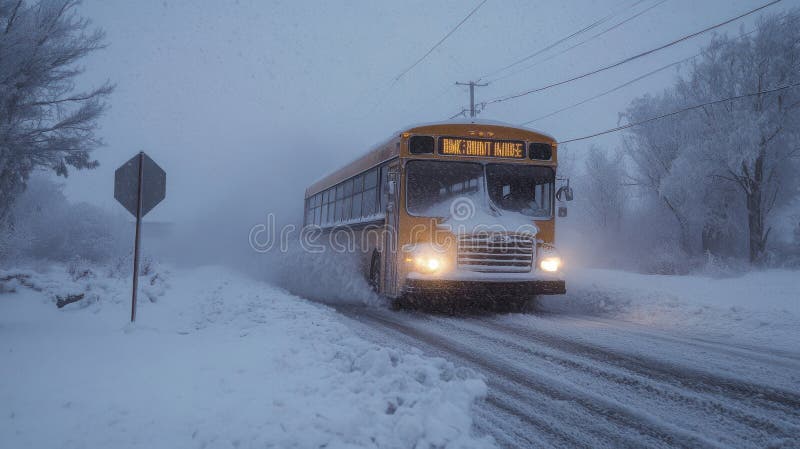 Snowy driving school bus stock photo. Image of foggy - 382532586