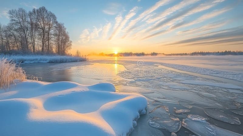 A Snowy Shoreline with a Frozen Lake at Sunrise Stock Illustration ...
