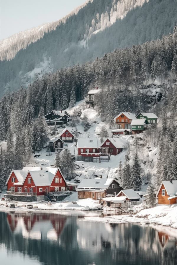 Snowy Ski Resort with Cozy Cabins Stock Illustration - Illustration of ...