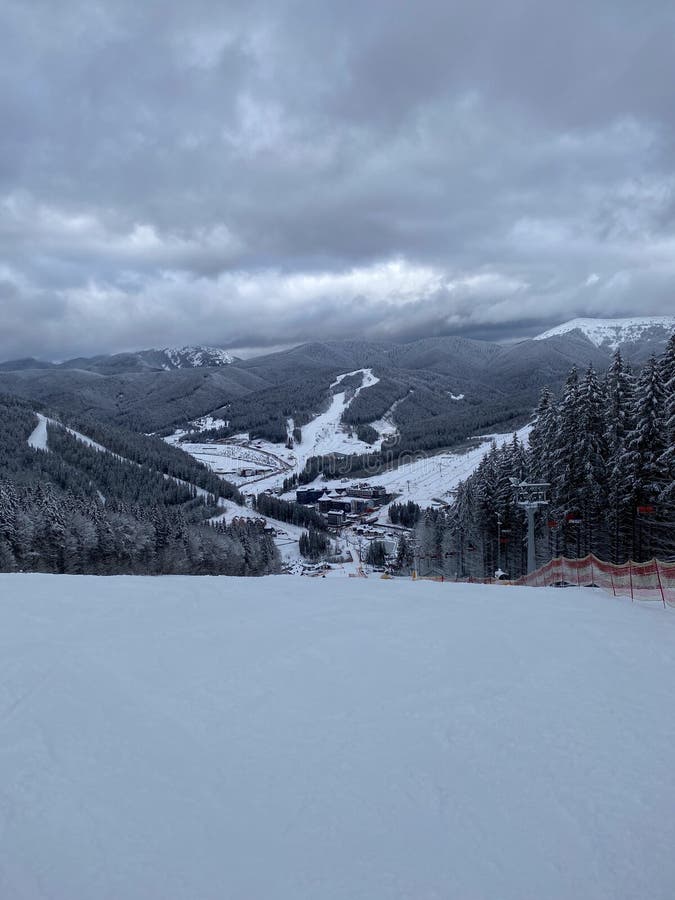 Snowy Ski Resort with Slopes and Pine Trees Stock Photo - Image of ...