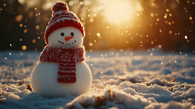 Snowy Snowman, Winter Sunset, Snow Falling, Park Scene Stock Photo ...