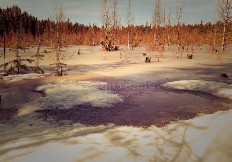 Snowy spring landscape stock image. Image of flood, cloud - 86667401