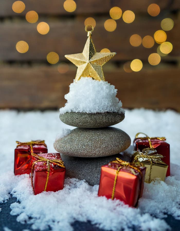 Snowy Stack of Pebbles Topped with Christmas Star and Surrounded by ...