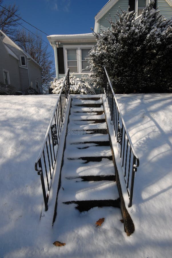 Snowy stairs stock image. Image of snowy, covered, rail - 4881199