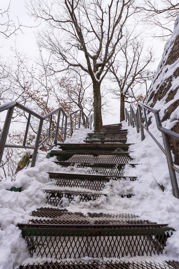Snowy Stairs Covered in Winter at the Park Stock Photo - Image of ...