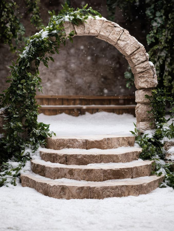 Snowy stone arch with ivy stock illustration. Illustration of serene ...