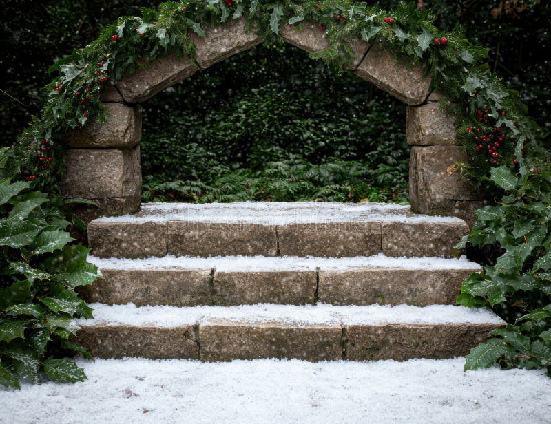 Snowy Stone Steps with Holly Arch Stock Illustration - Illustration of ...