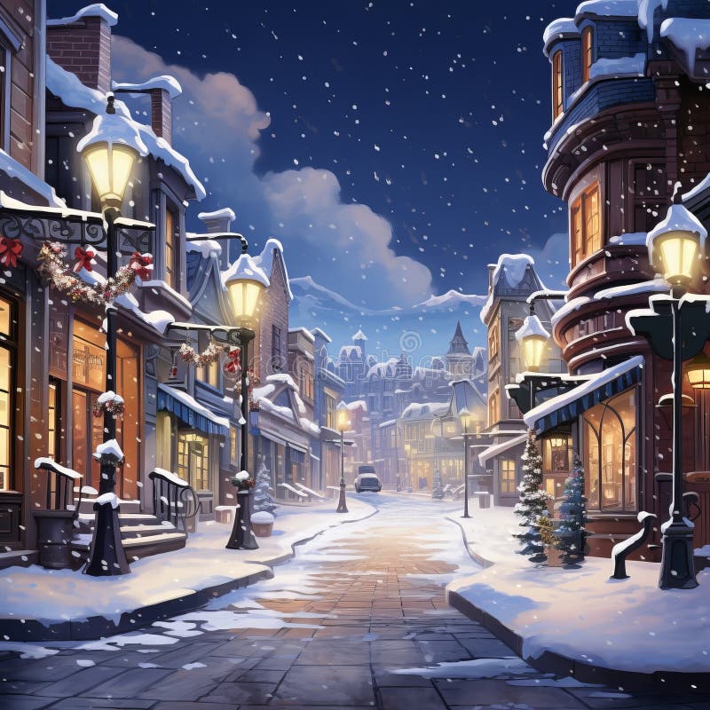 A Snowy Street with Buildings and Street Lights Stock Illustration ...
