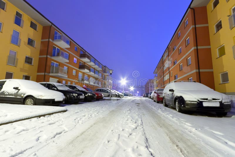 Snowy Street with Cars at Winter Stock Image - Image of cold, dusk ...
