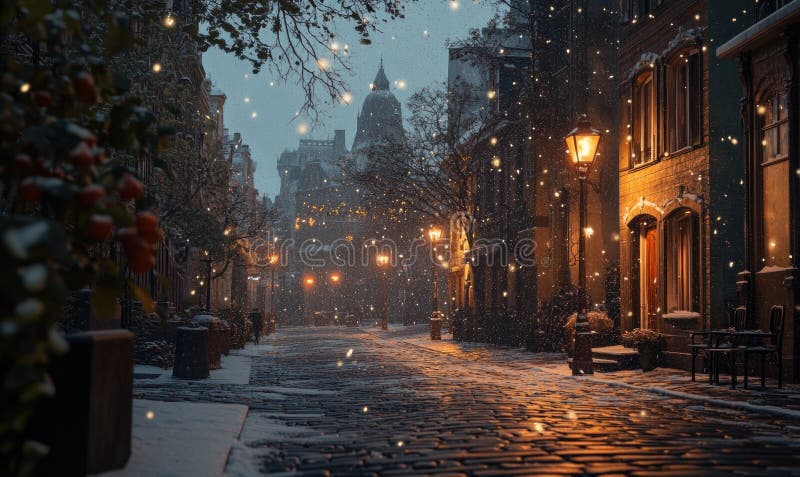 A Snowy Street with a Lamp Post and a Bench Stock Photo - Image of ...