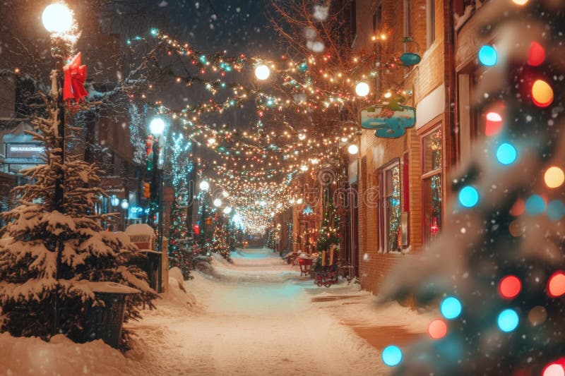 Snowy Street Lined with Christmas Lights at Night Stock Illustration ...