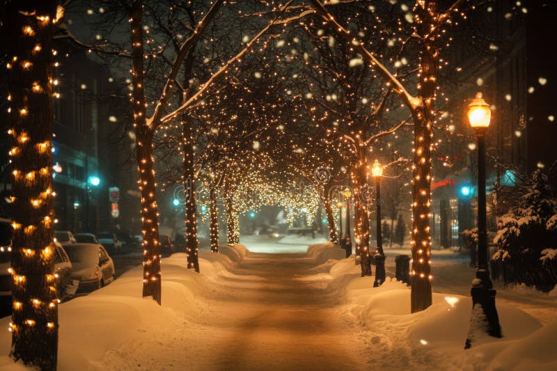 Snowy Street Lined with Trees Decorated with Twinkling Lights Stock ...