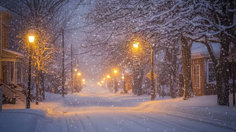 Snowy Street at Night with Illuminated Lamp Posts and Falling Snow ...