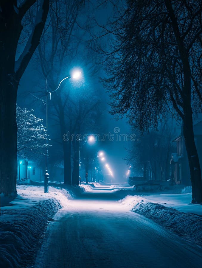 A Snowy Street at Night with Street Lights in the Snow Stock Photo ...