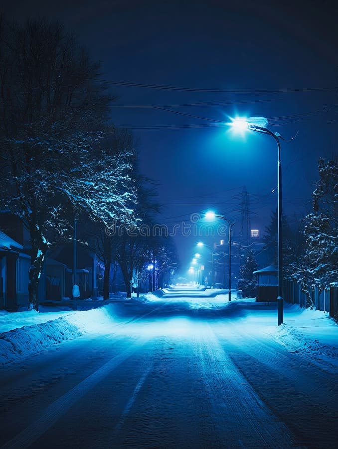 A Snowy Street at Night with Street Lights in the Snow Stock Image ...
