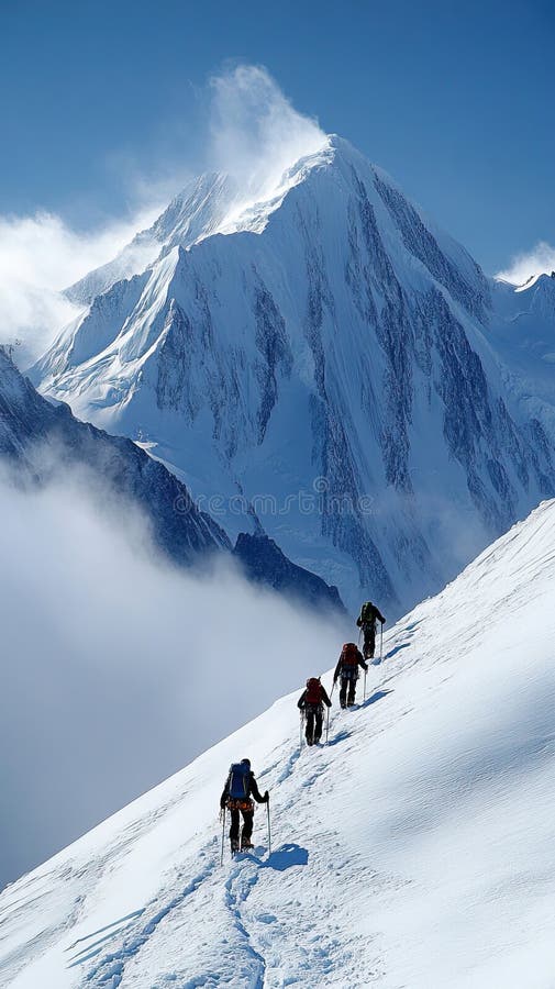 Snowy Summit with Distant Climbers Approaching Peak Stock Image - Image ...
