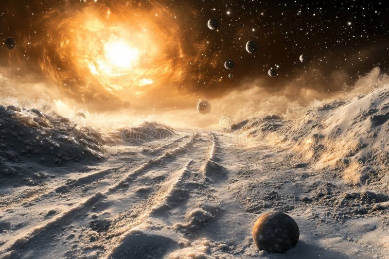 Exploration of a Snowy Alien Landscape Under a Vibrant Cosmic Sky with ...