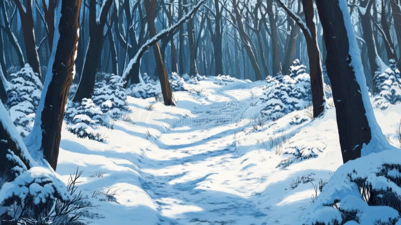 Snowy Trail Winding through a Quiet Winter Forest Stock Illustration ...