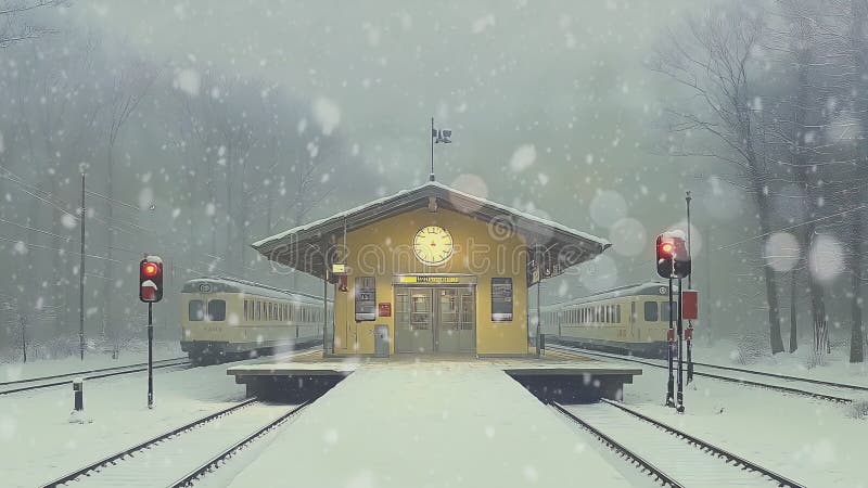 Snowy Train Station with Clock and Falling Snow in Winter Forest ...