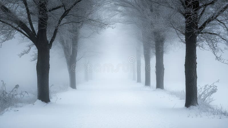 Snowy Tree-lined Path Leading through Winter Forest Shrouded in Fog ...