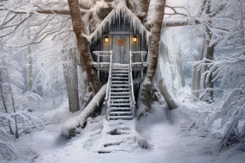 Snowy Treehouse Door Ajar, Inviting Exploration Stock Photo - Image of ...