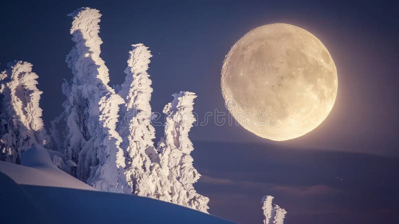 Snowy Trees Silhouetted Against a Large, Bright Full Moon at Night ...