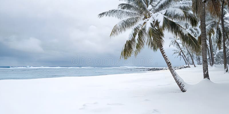 A Snowy Tropical Beach with Palm Trees, a Place for a Text. Climate ...