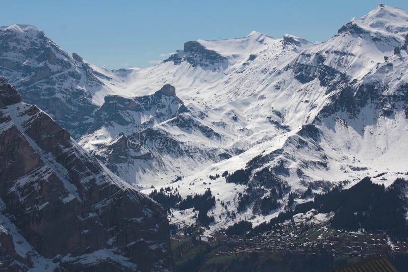 Snowy Valley with a Town Below Stock Image - Image of beauty, warm ...