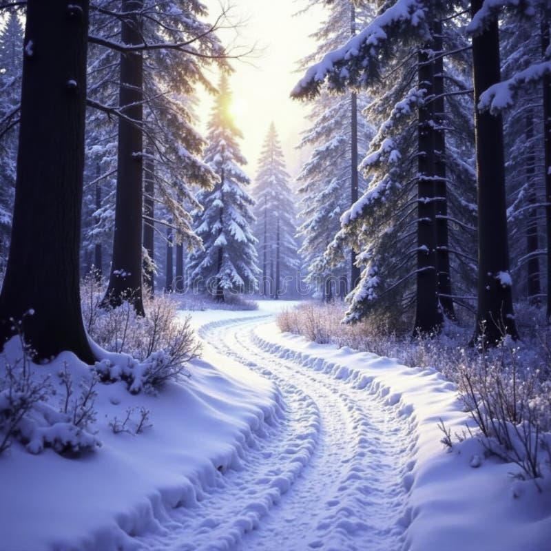 Snowy Valley with a Winding Path through the Woods, Winding Path, Snowy ...