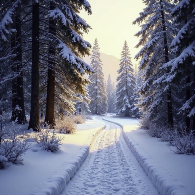 Snowy Valley with a Winding Path through the Woods, Peaceful Scene ...