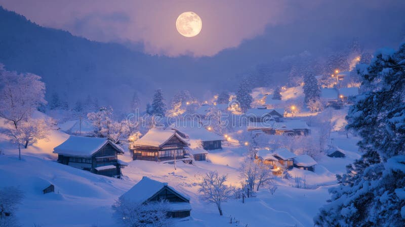 A Snowy Village Basking in Moonlight with Illuminated Houses Stock ...