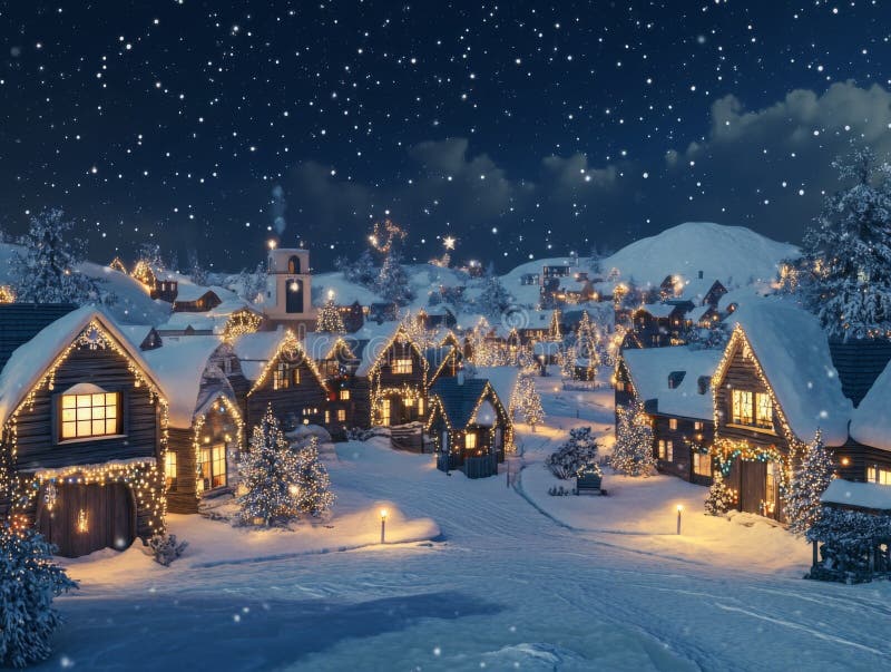 Snowy Village at Night with Christmas Lights Stock Illustration ...