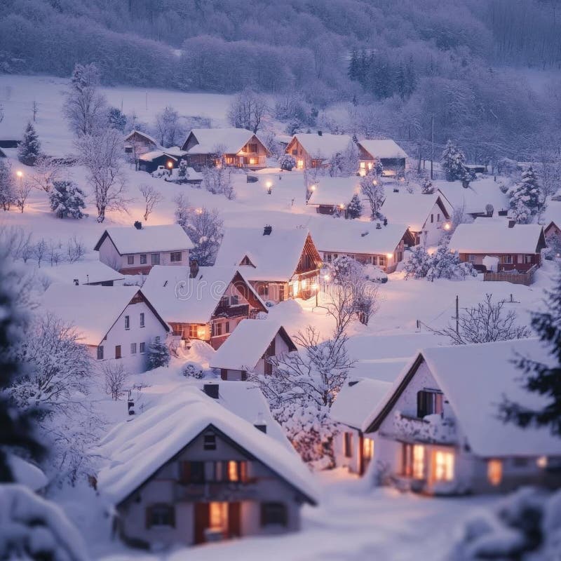 Snowy Village at Night with Cozy Houses and Glowing Lights Stock ...