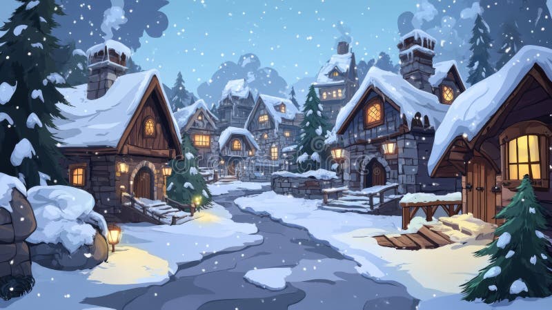 Snowy Village at Night: Pixel Art Winter Scene Stock Illustration ...