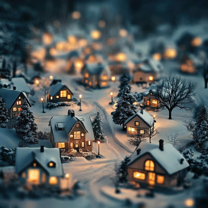 Snowy Village at Night with Warm Lights Stock Illustration ...