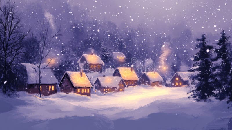 Snowy Village Scene at Night Under Snowfall Stock Illustration ...