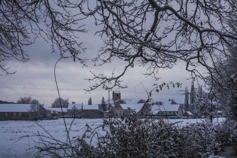 Snowy Village through Trees 2 Stock Photo - Image of french, homes ...