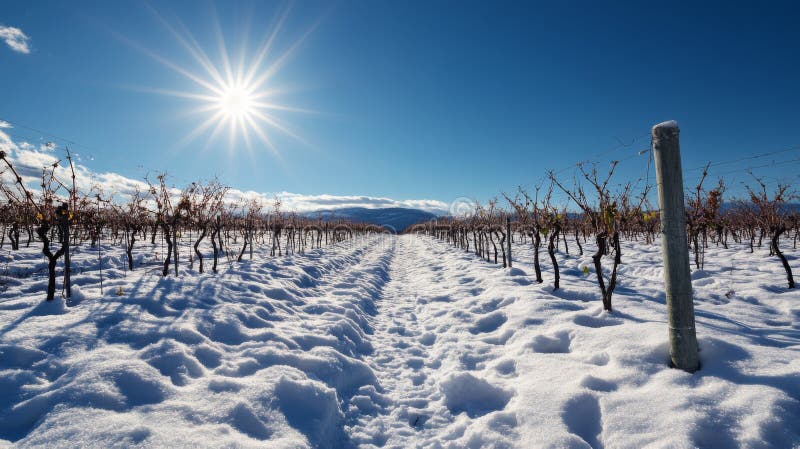 Snowy Vineyard Path with Bright Sun and Blue Sky Stock Illustration ...