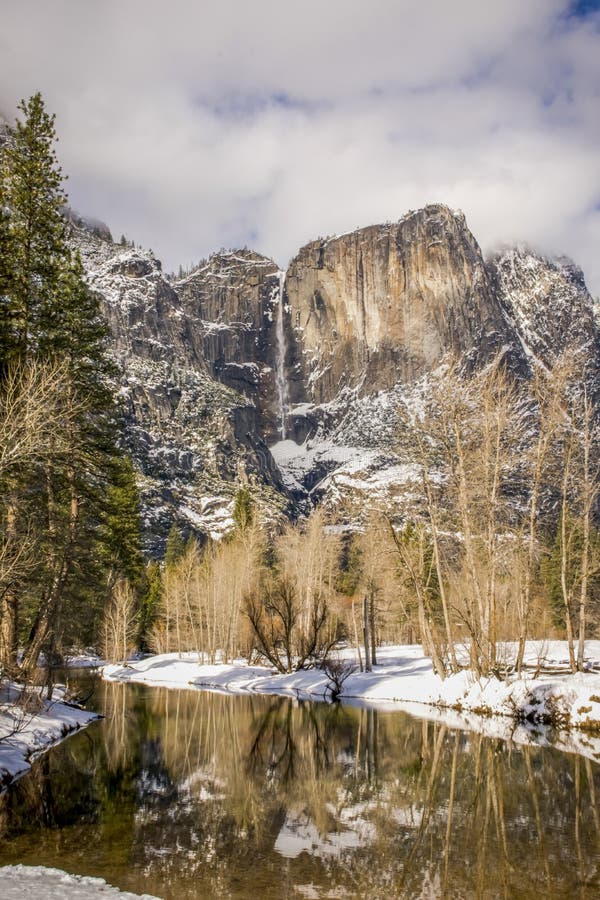 Snowy Waterfall Reflection in Yosemite National Park Stock Photo ...