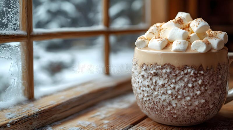 Snowy Window with Cup of Cocoa and Marshmallows - Realistic Image Stock ...