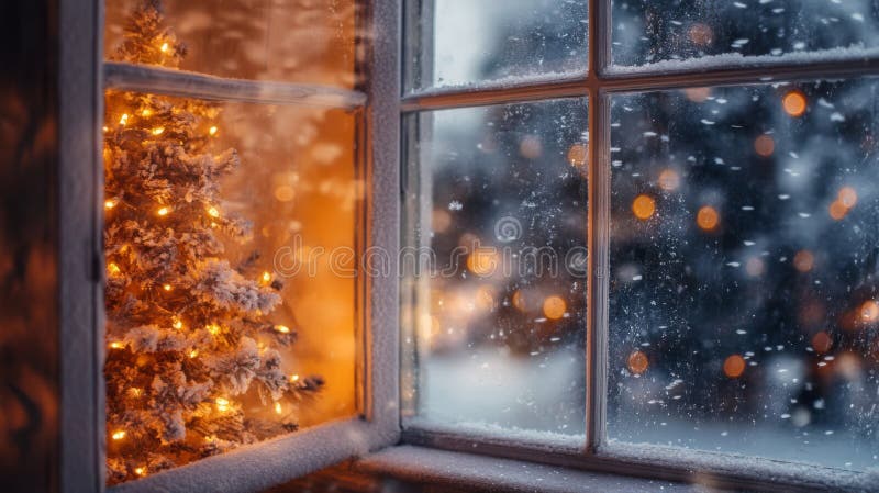 Snowy Window View with a Lit Christmas Tree Inside Stock Illustration ...