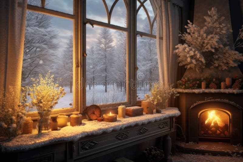Snowy Window View beside a Warm Fireplace Stock Illustration ...