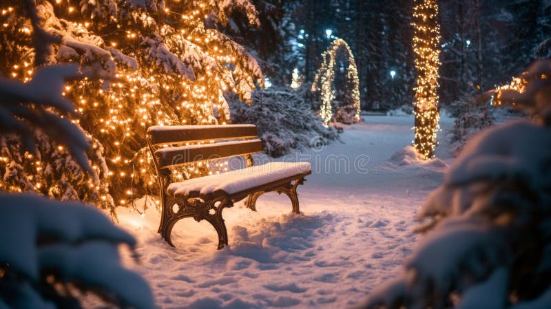 Snowy Winter Bench Illuminated by Festive Lights Stock Illustration ...