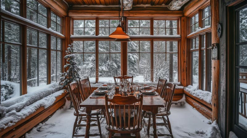 Snowy Winter Cabin Dining Room with a View of the Forest Stock ...