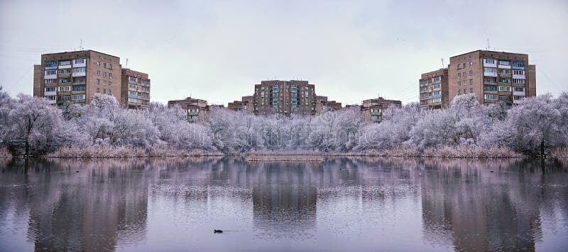 Snowy Winter City Pond on a Cloudy Day Stock Image - Image of travel ...