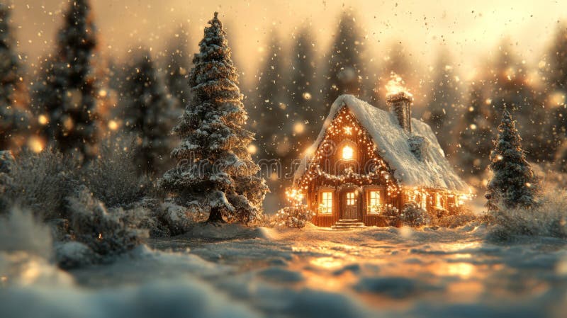 Snowy Winter Cottage Illuminated in a Festive Forest Scene Stock ...
