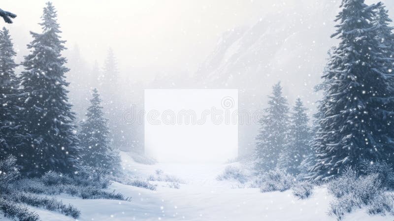 Snowy Winter Forest with a Blank Canvas Surrounded by Pine Trees Under ...
